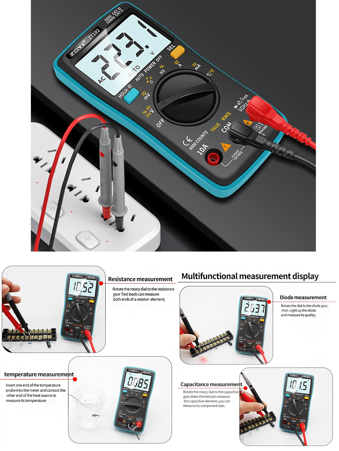 Zoyi Handheld Digital Multimeter, Full-Featured Measurement ...
