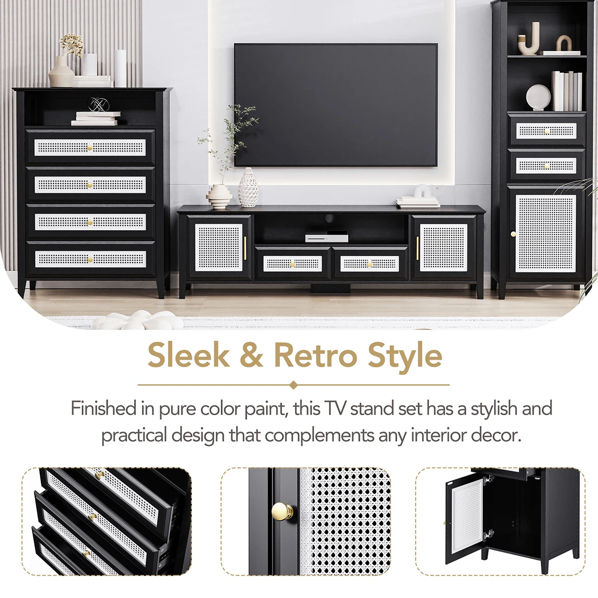 TV Stand Set with Rattan Elements, Mid Century Entertainment Center ...