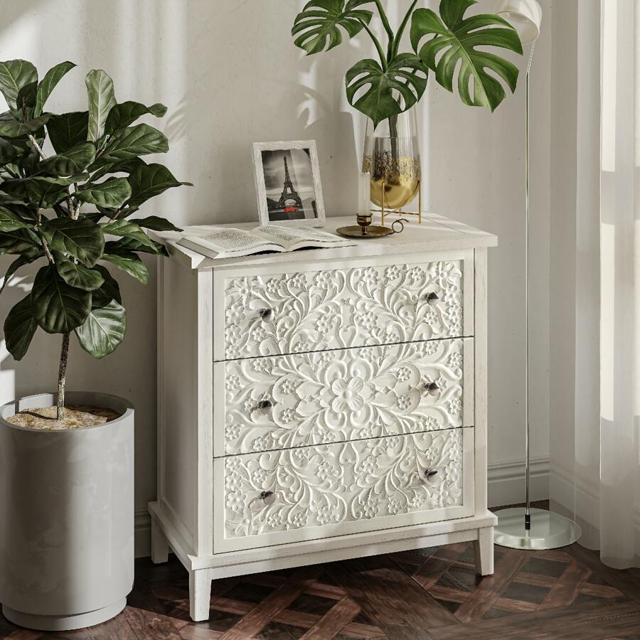 COZAYH 3-Drawer Fully-Assembled Flower Motif Dresser For French Country ...