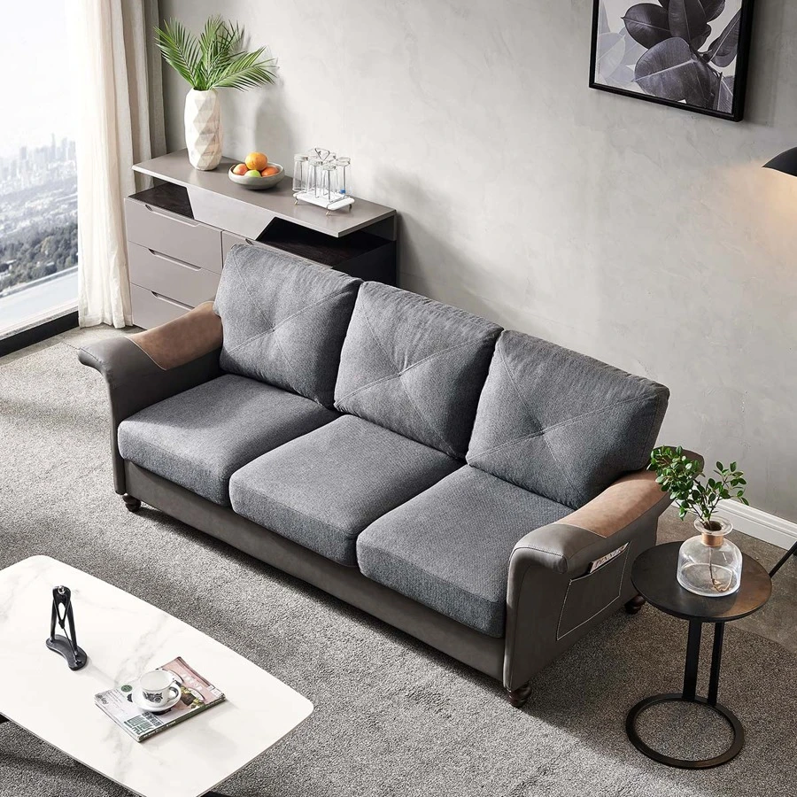Living Room Furniture Linen Fabric Faux Leather with Wood Leg Sofa ...