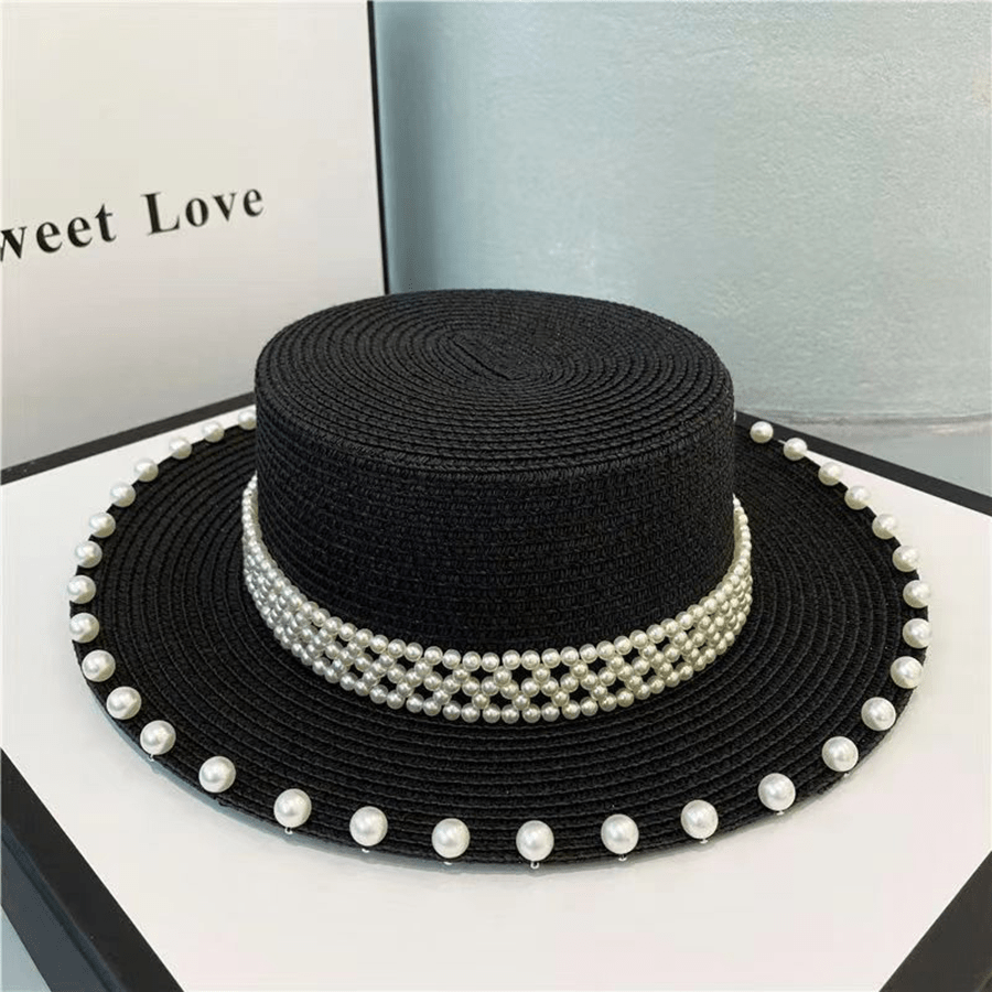 Summer Women's Vintage Pearl Sun Hat, Beach Cap, French Flat Top Hat ...