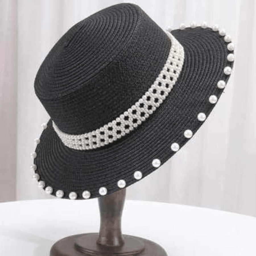 Summer Women's Vintage Pearl Sun Hat, Beach Cap, French Flat Top Hat ...