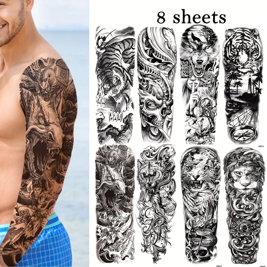 8 Sheets Full Arm Temporary Tattoo ,Fake Tattoo Stickers , Long Lasting ...