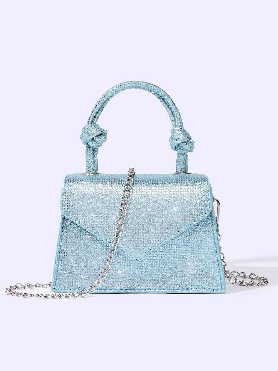 1pc Girl's Blue Shiny Trapezoid Handbag With Flap Cover, Chain Strap ...
