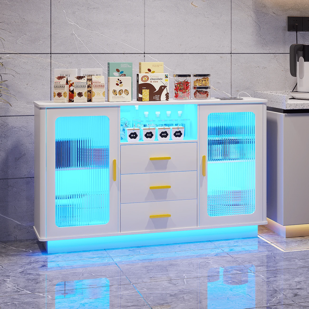 Vlsrka Sideboard Buffet Storage Cabinet With LED Lights & Wireless ...