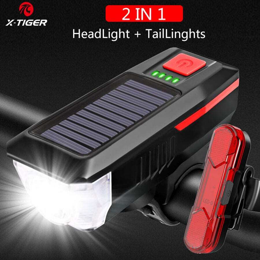 X-TIGER Bike Light Set and Horn Solar Powered USB Rechargeable 4 Mode ...