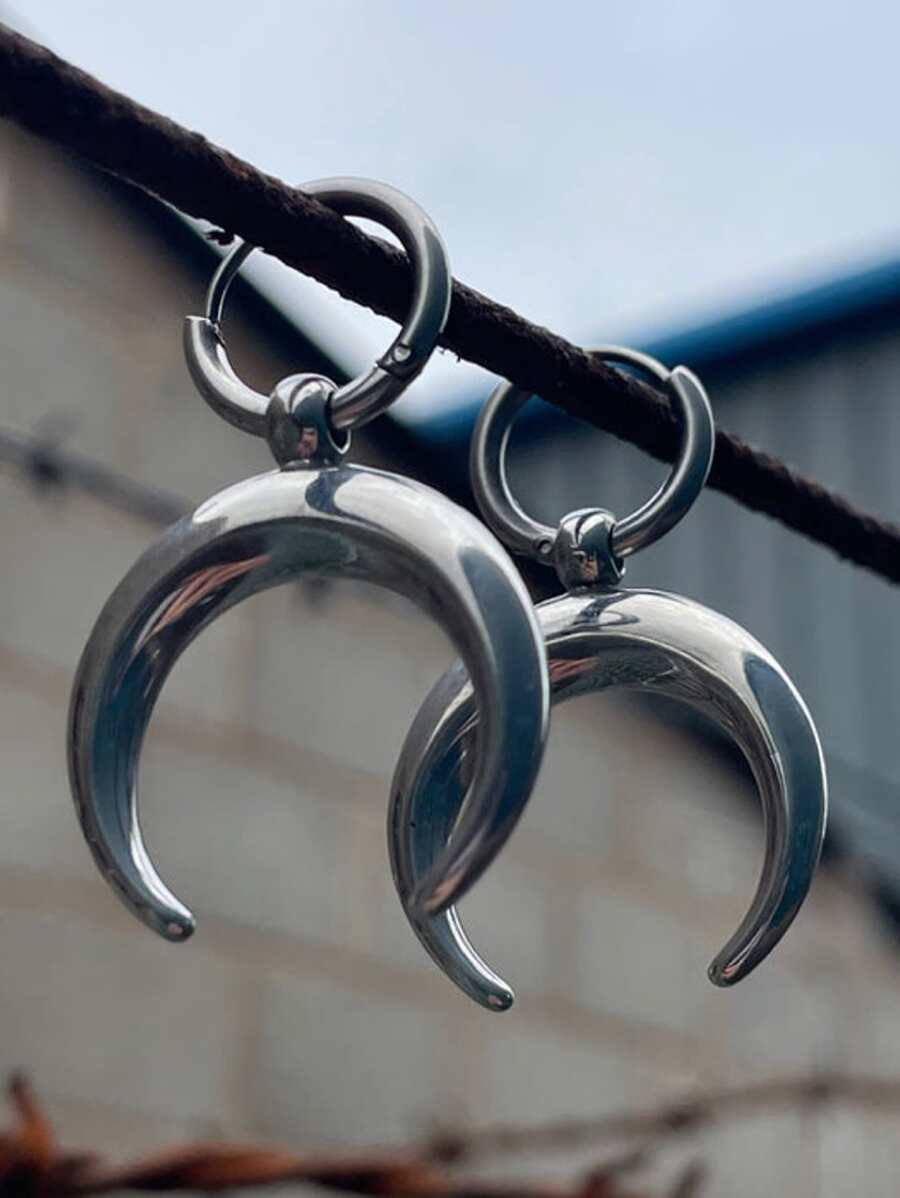 2pcs Gothic Style Alloy Moon & Horn Design Circle Hoop Earrings For Men ...