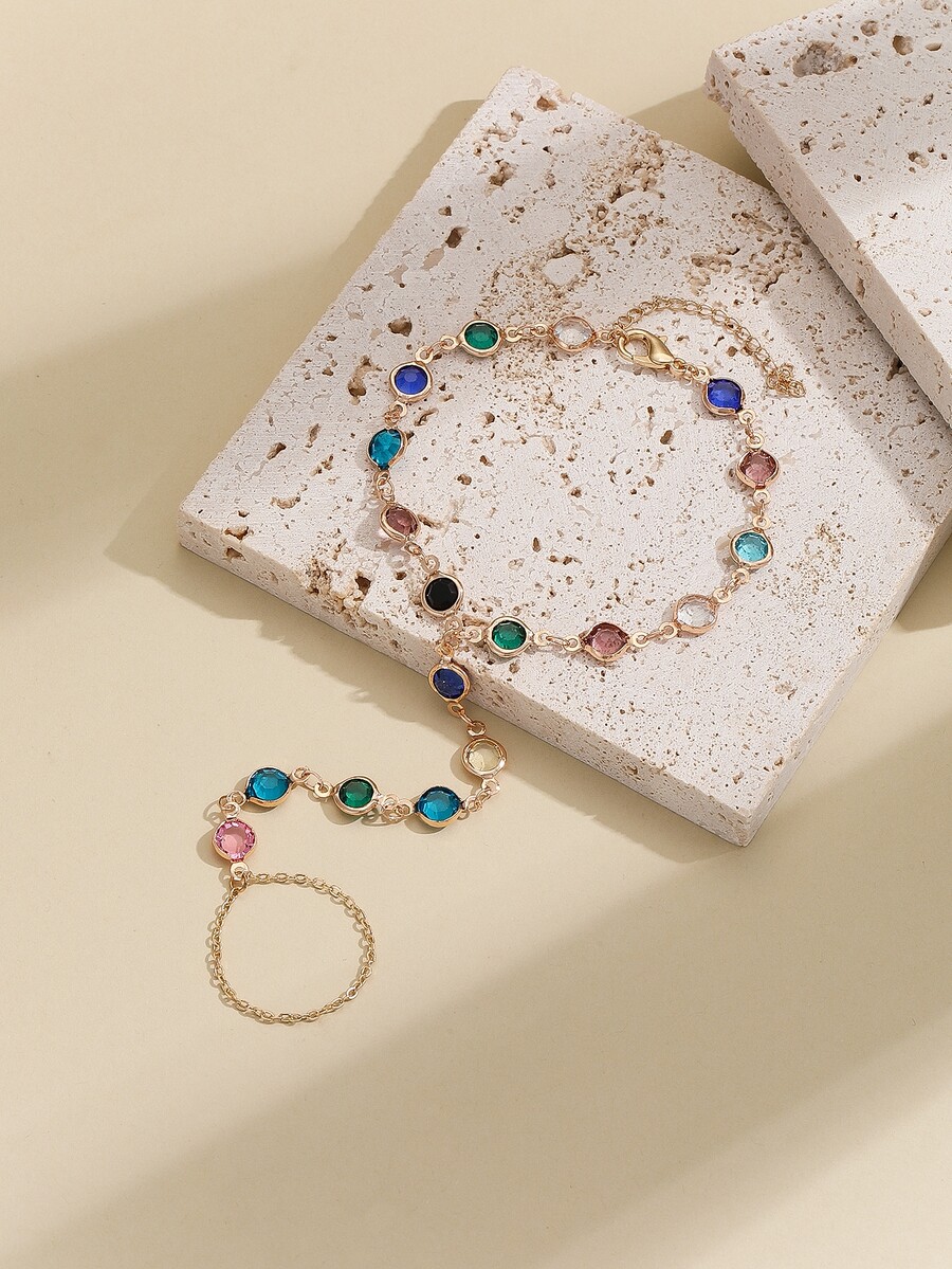 1pc Fashion Wrist Chain Bracelet Pendant Connected Metal Finger Ring ...