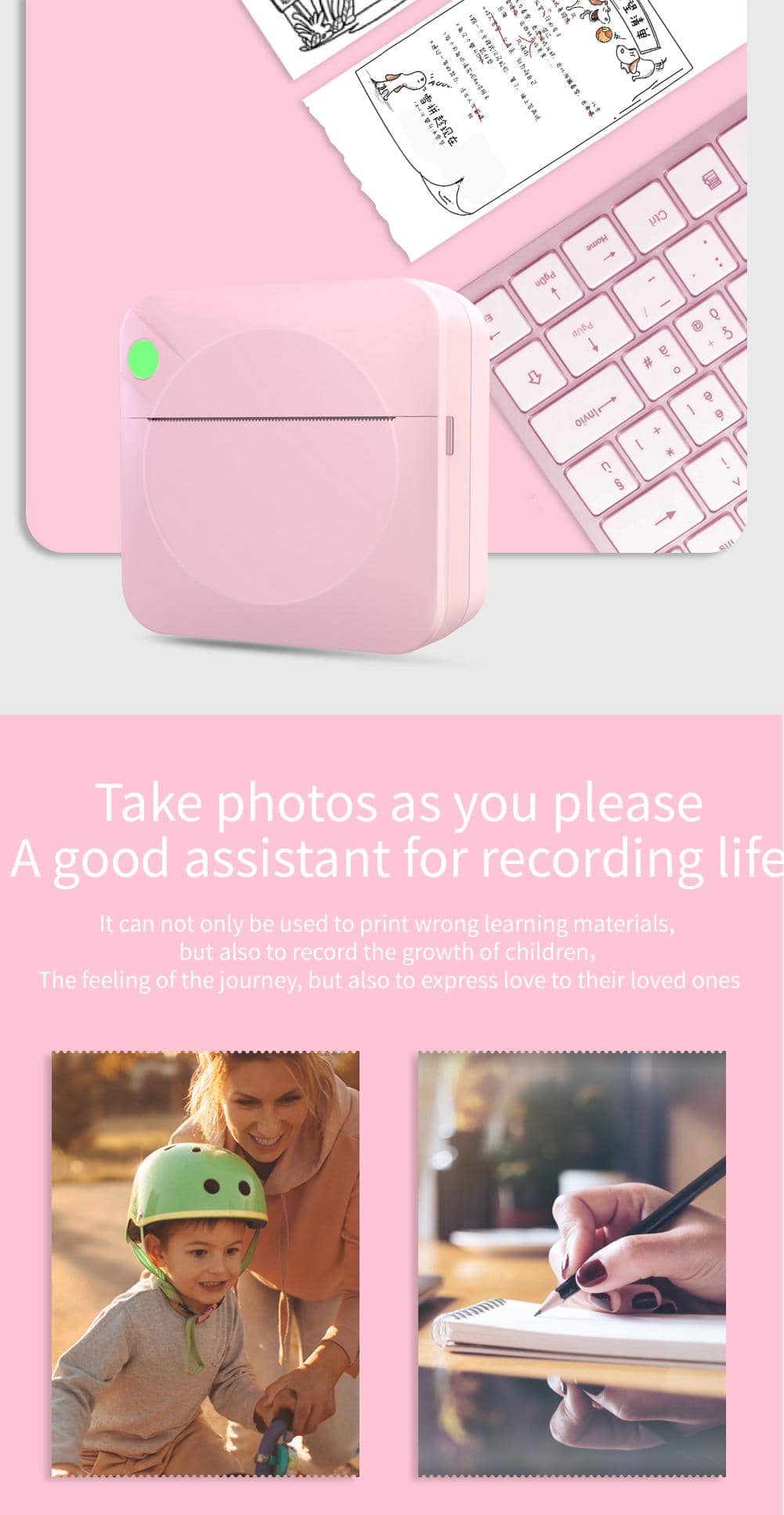 C17 Pink Portable Thermal Printer With 7 Rolls Of Paper, Hd Mini Photo ...