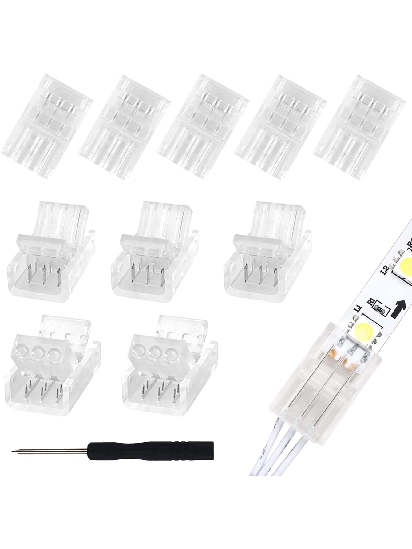 10 LED Light Strip Connectors, 3-Pin, Gapless, Solderless, Pair To Line ...