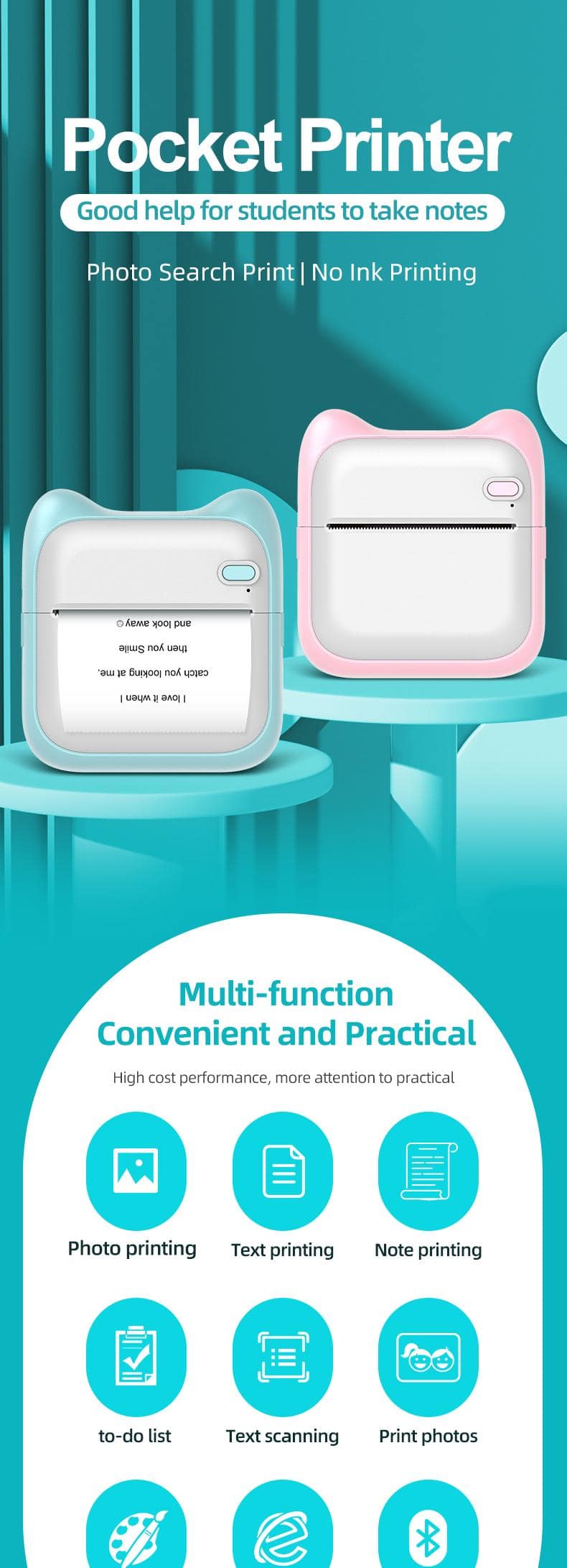 A31 Blue Mini Printer With 13Rolls Thermal Papers Label Portable ...