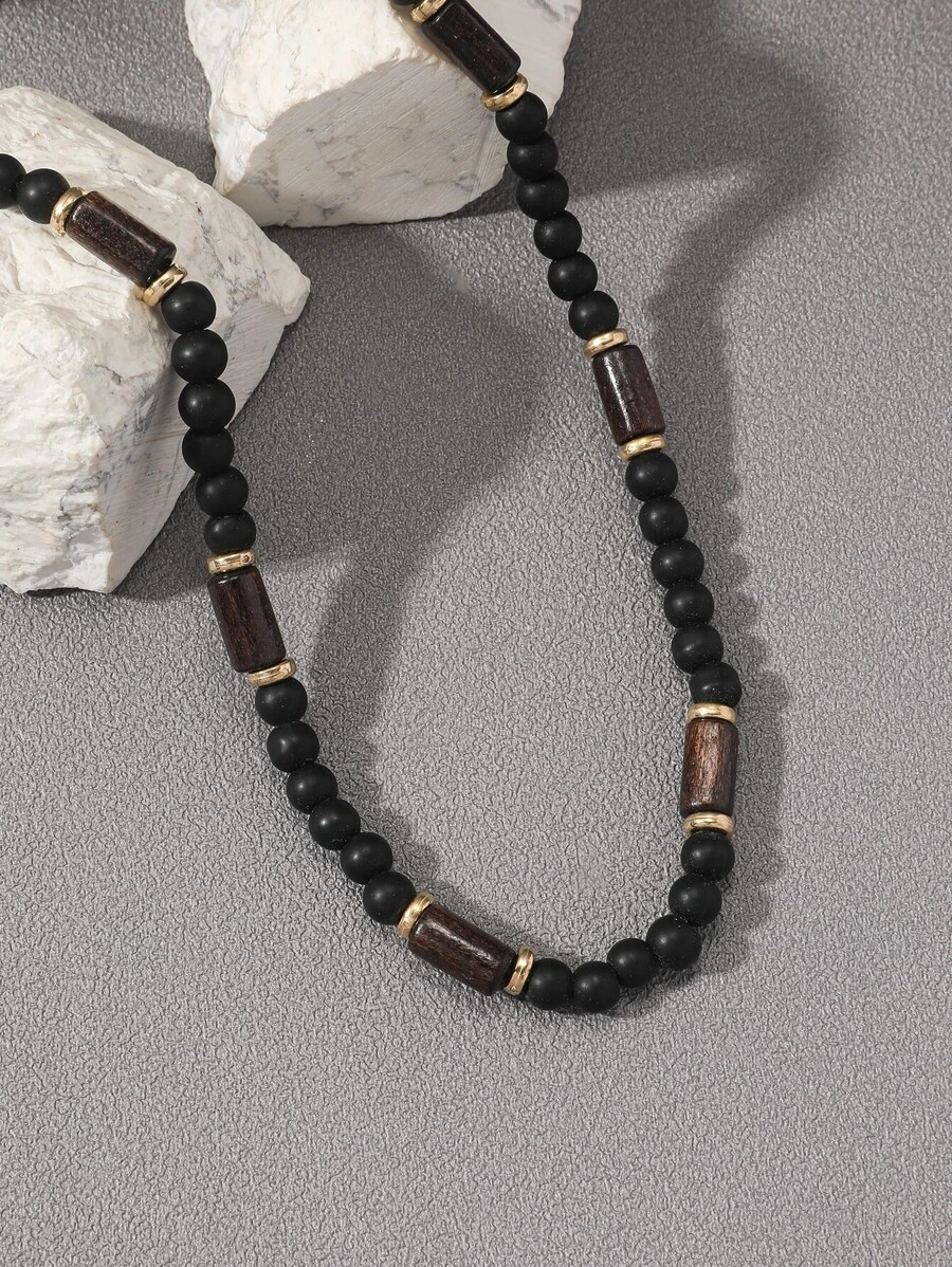 1pc Fashionable Vintage Matte Round Bead And Asymmetrical Wooden Bead ...