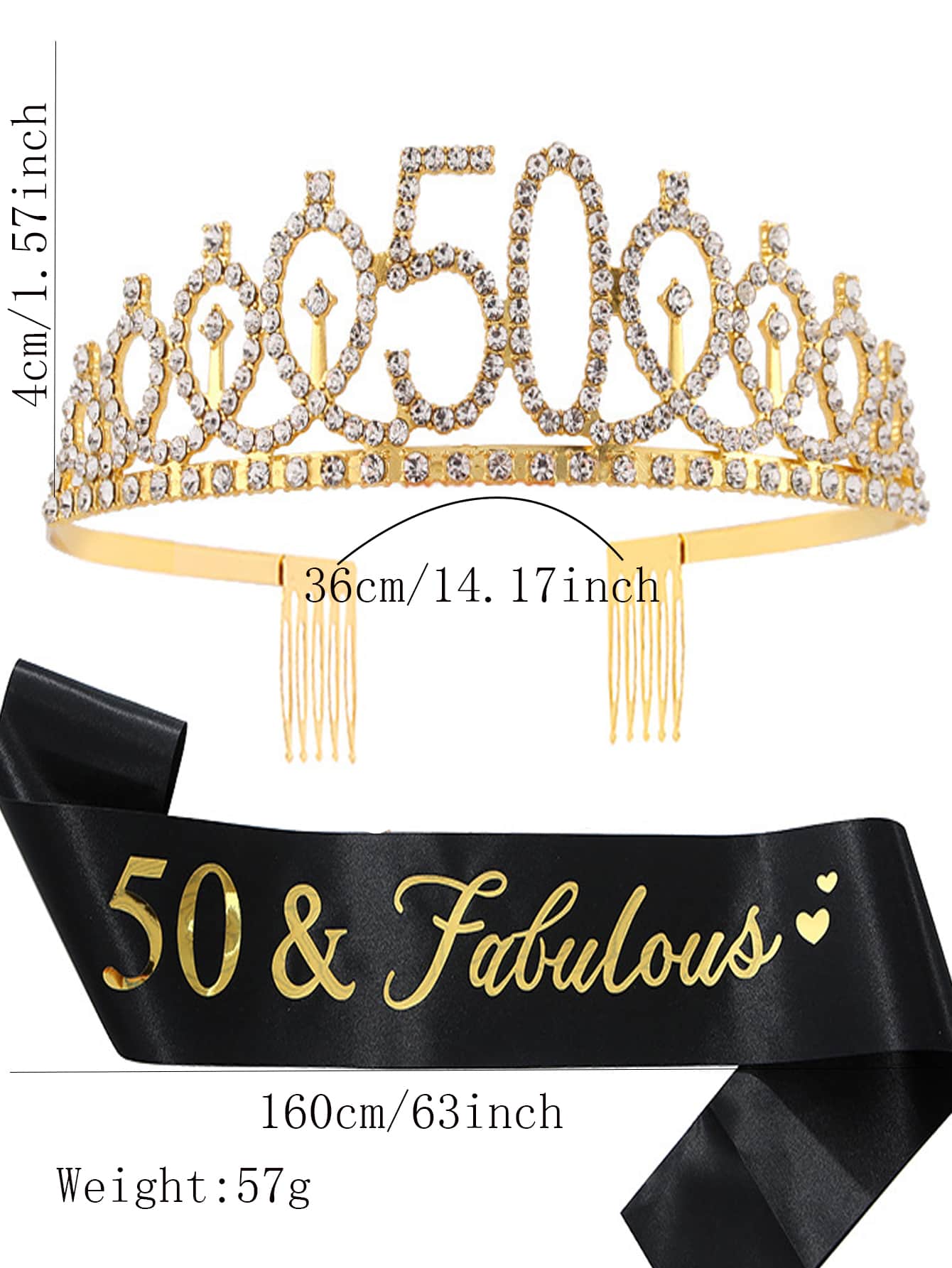 2pcs Women's Gold-Color 50th Birthday Crown Headband & Sash Set, With ...
