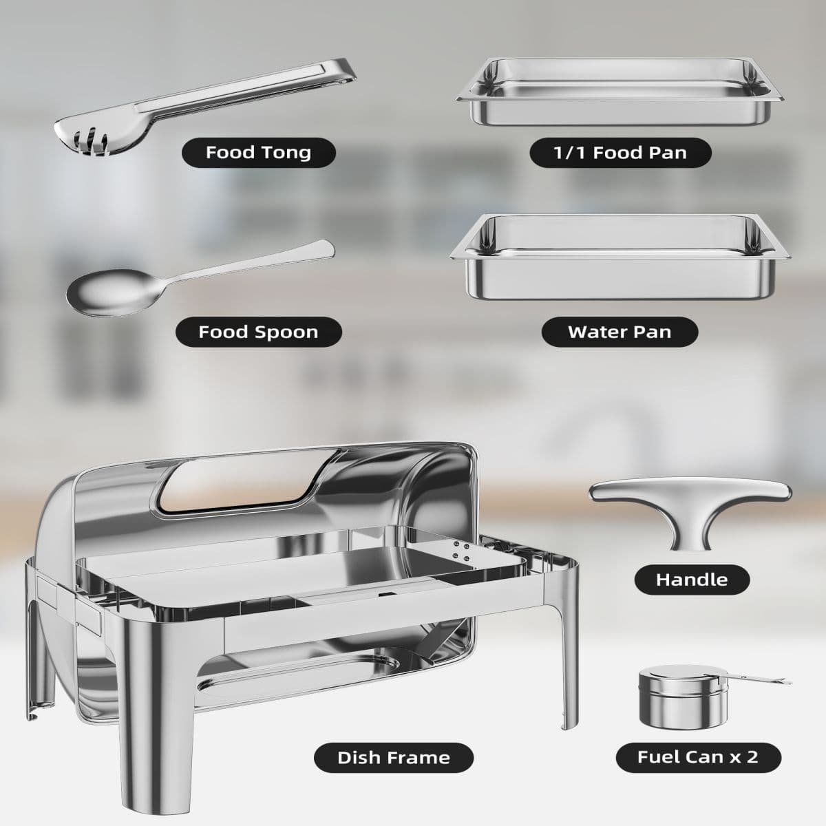 9QT Chafing Dish Buffet Set, Stainless Steel Roll Top Buffet Server ...