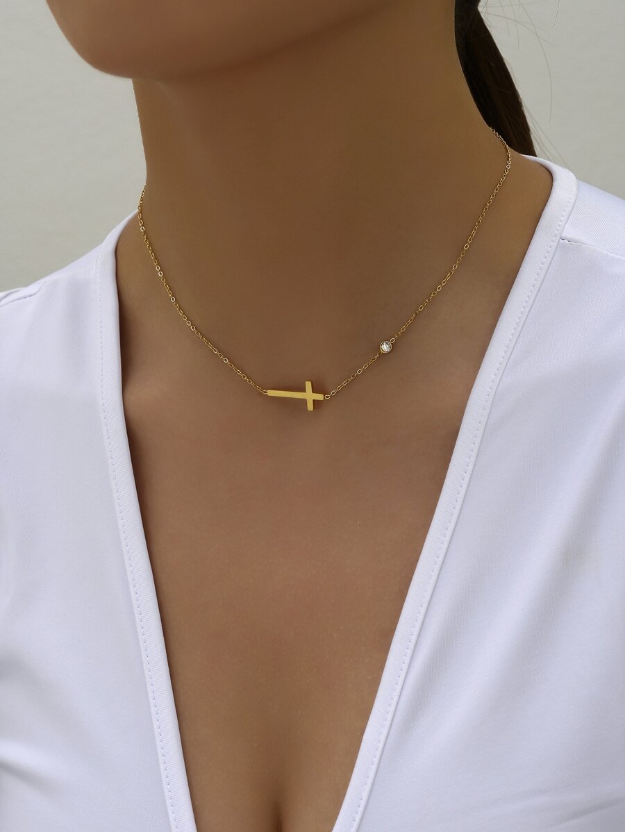 18K Gold Plated Minimalist Crystal Cross Necklace, Stainless Steel ...