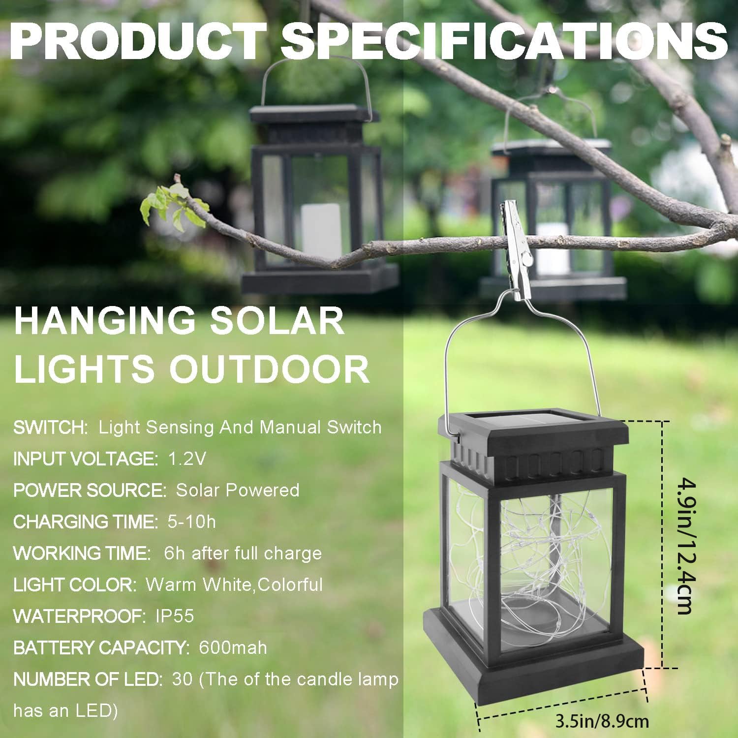 1pc Solar Powered Lantern Waterproof Hanging Outdoor Light With 30 Led ...