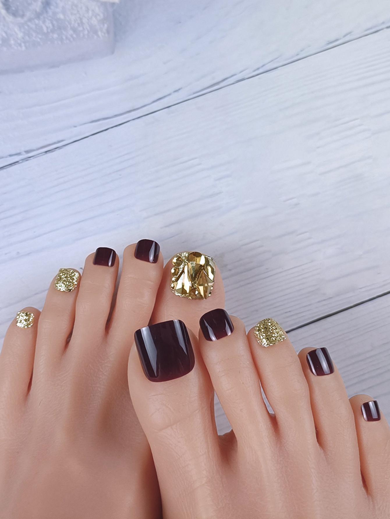 24pcs Short Square Shaped Wine Red Toenail With Gold Glitter Rhinestone ...