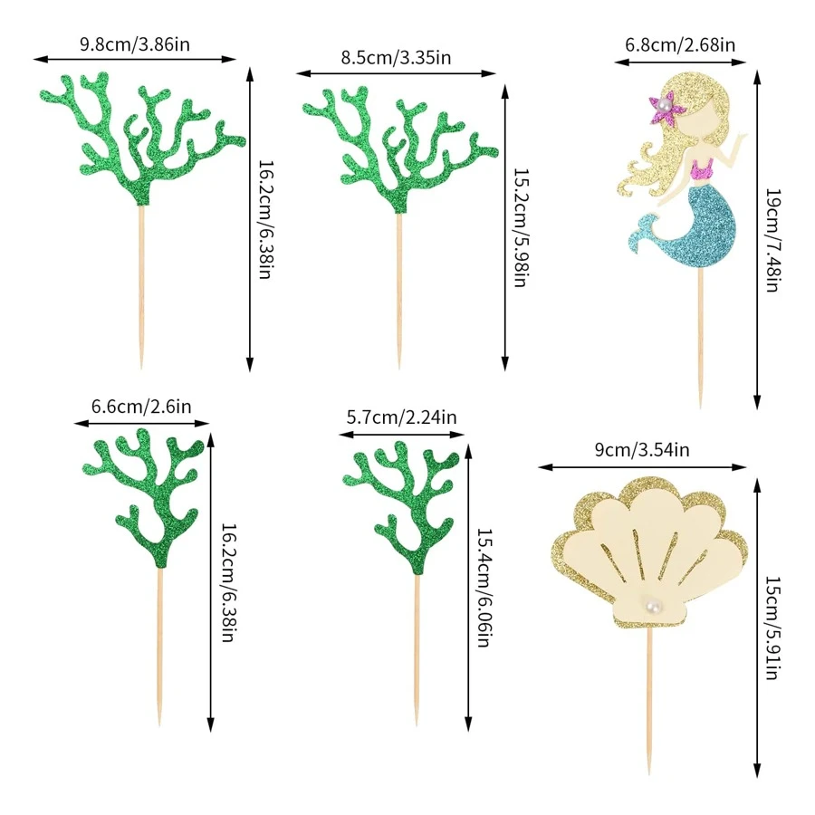 Glittering Seaweed Mermaid Cake Topper, Birthday, 12 Pieces, Happy ...