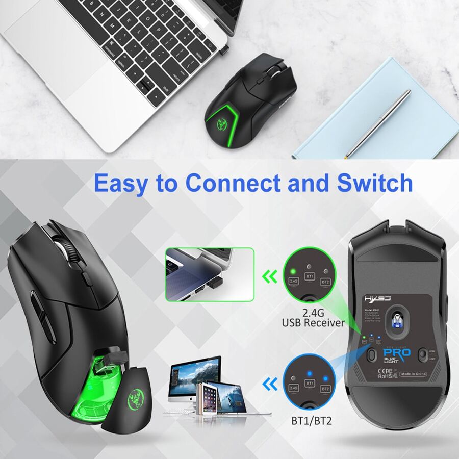 HXSJ Wireless Gaming Mouse for Laptop, Ergonomic BT Mouse with Tri-Mode ...