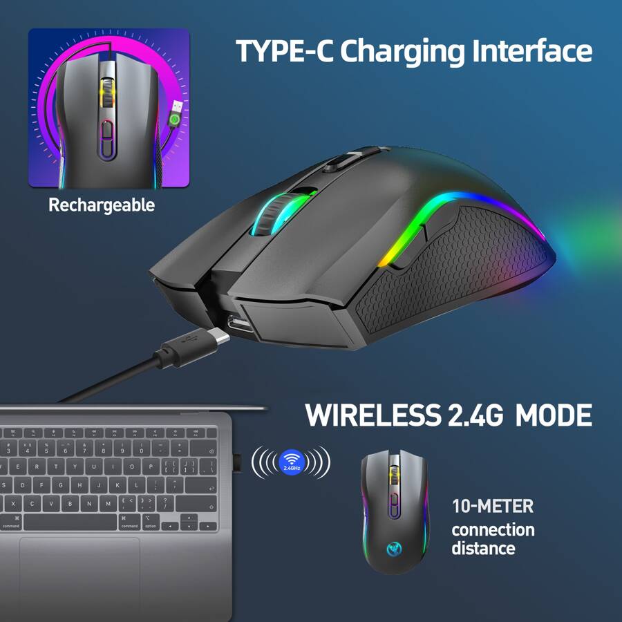 HXSJ New 2.4G Wireless Mouse RGB Light Rechargeable 4800DPI Adjustable ...