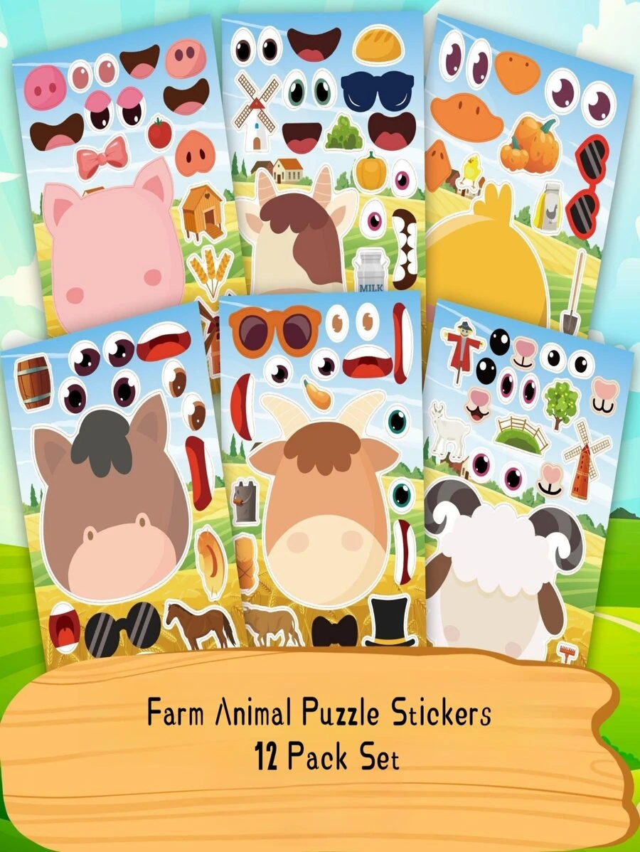 12 Pcs Make A Face Stickers For Kids, 6 Different Farm Animals Designs ...