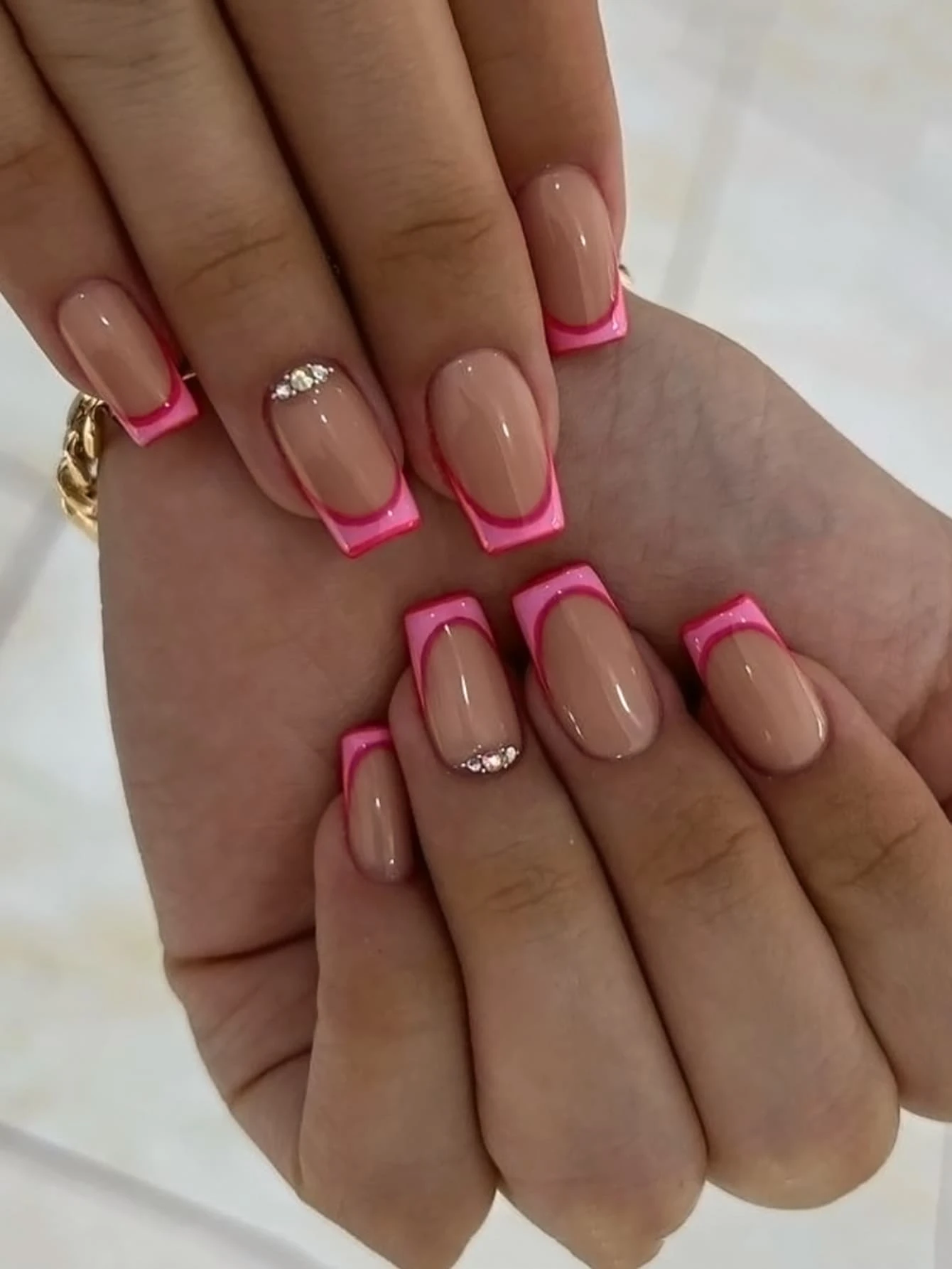 24pcs Medium Long Pink Double French Manicure With Rhinestone Square ...