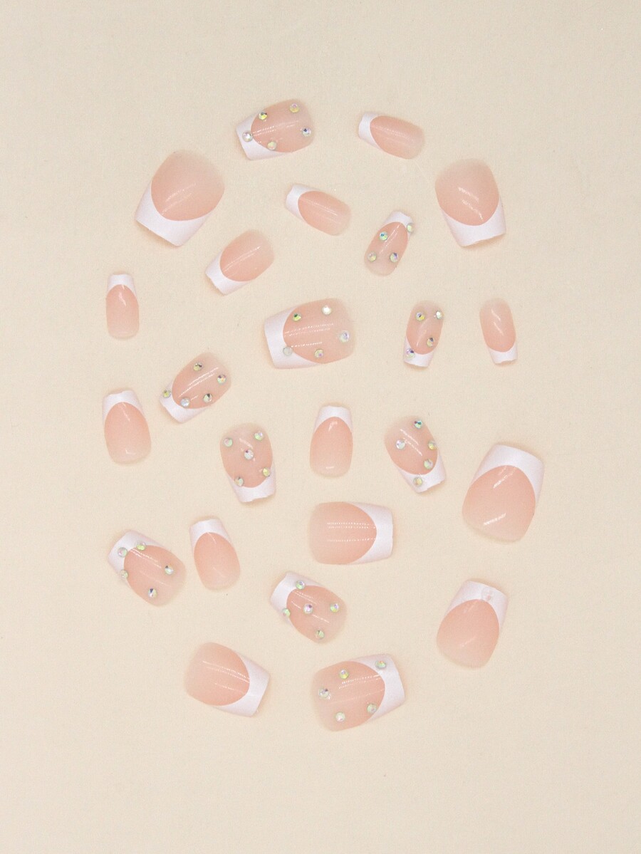 24pcs Short Coffin Shaped Elegant French Glossy Nail Art Rhinestone ...