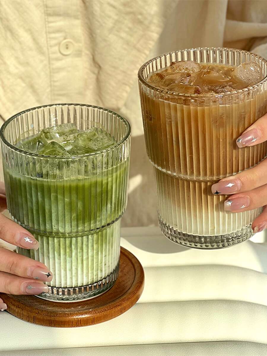 Ins Style Striped Glass Coffee Cup With Lid And Straw | SHEIN UK