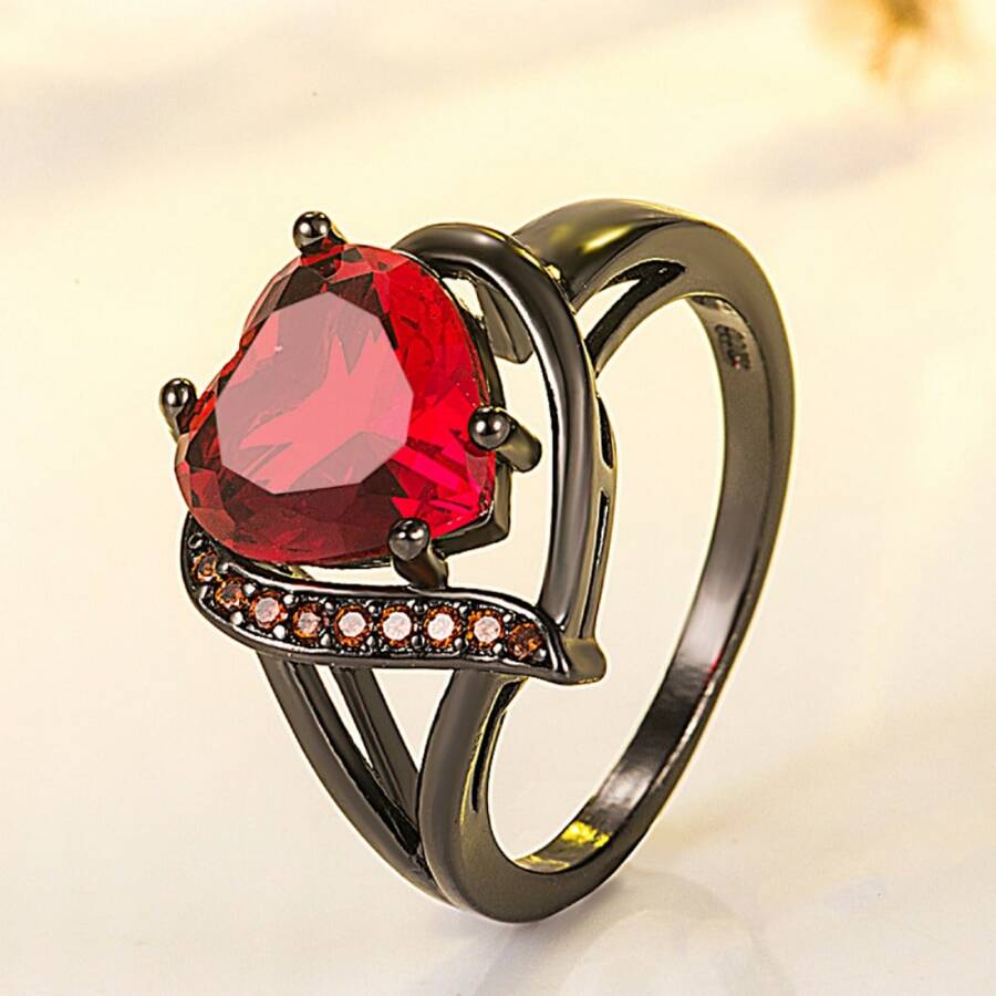 Love Romantic Black Gold Plated Promise Band Ring Wedding Red Heart ...