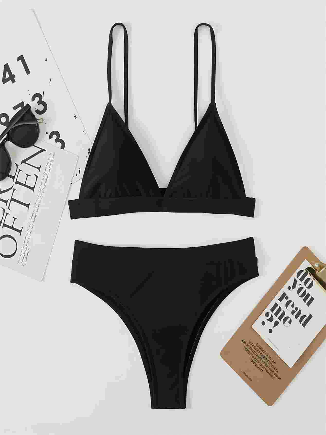 Two Piece Solid Color High Waist High Cut Triangle Bikini Shein Usa