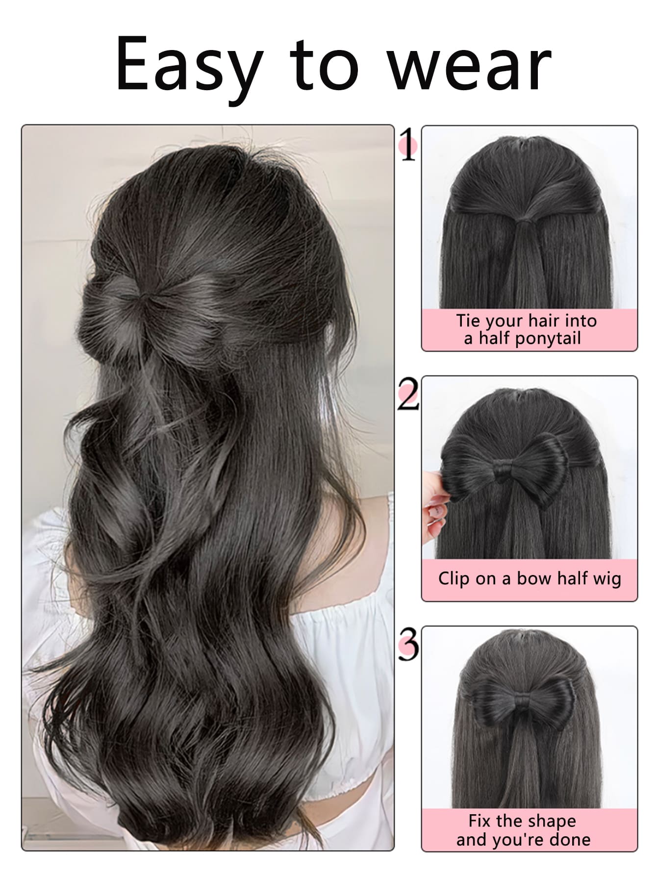 Wigs Duckbill Hair Clips Synthetic Hair Extensions 16 INCH Bow Half Tie ...