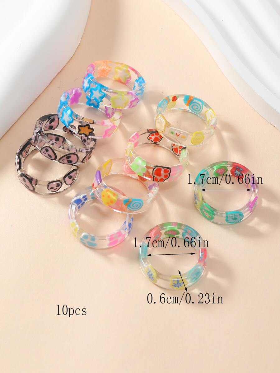 Set Of 10 Resin Fruit & Heart Shaped Trendy Fashion Rings For Teen ...