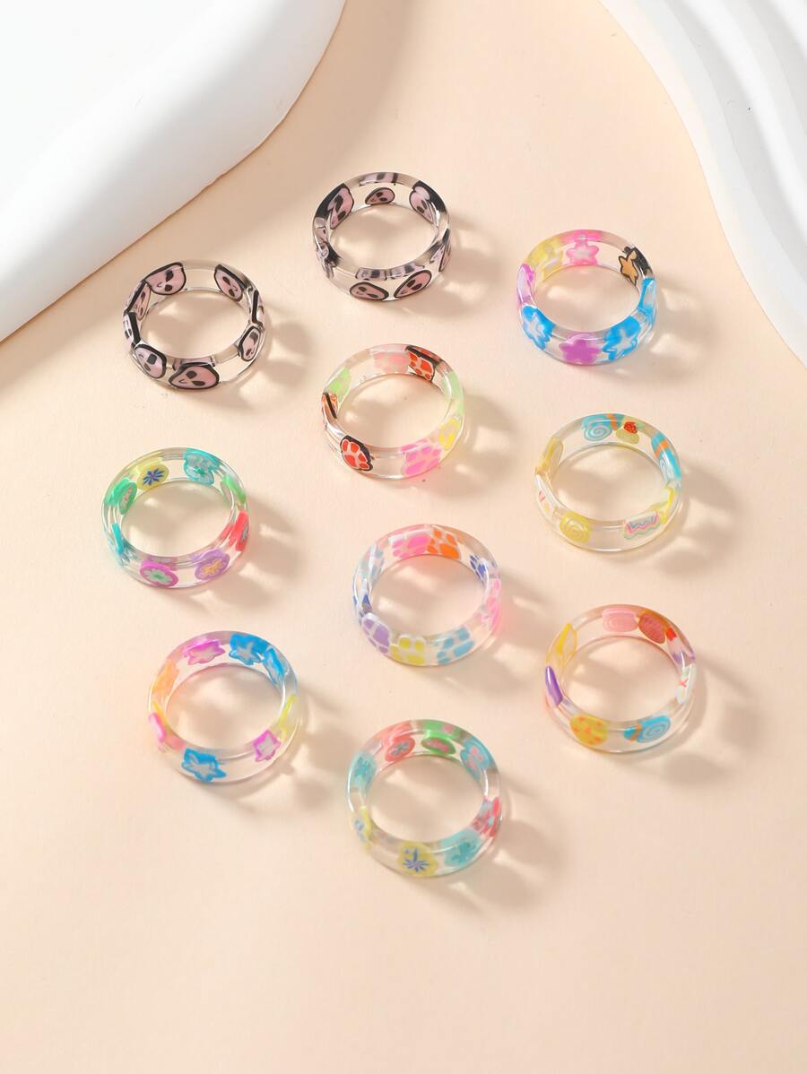 Set Of 10 Resin Fruit & Heart Shaped Trendy Fashion Rings For Teen ...
