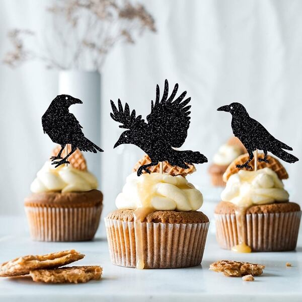 12pcs Creative Sparkly Black Crow Shaped Halloween Cake Toppers For ...