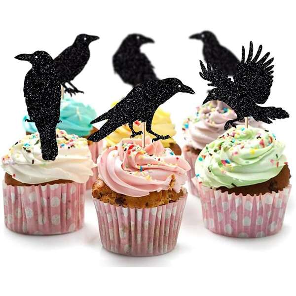 12pcs Creative Sparkly Black Crow Shaped Halloween Cake Toppers For ...
