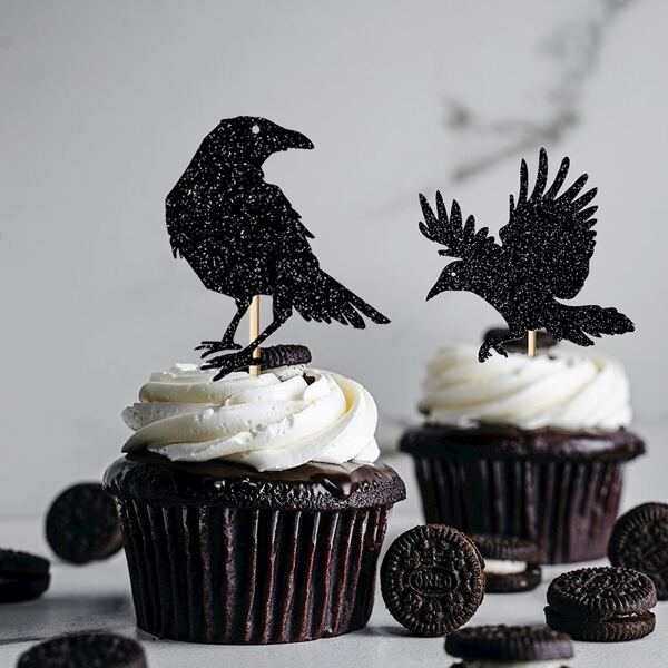 12pcs Creative Sparkly Black Crow Shaped Halloween Cake Toppers For ...