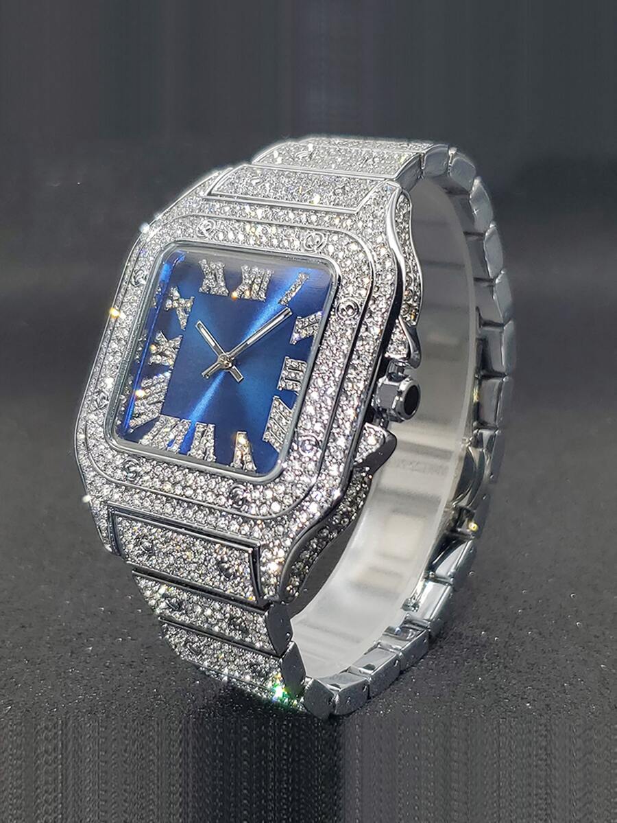 Ice Out Square Men's Watch, Luxury Full Rhinestone Blue Dial Ultra-thin ...