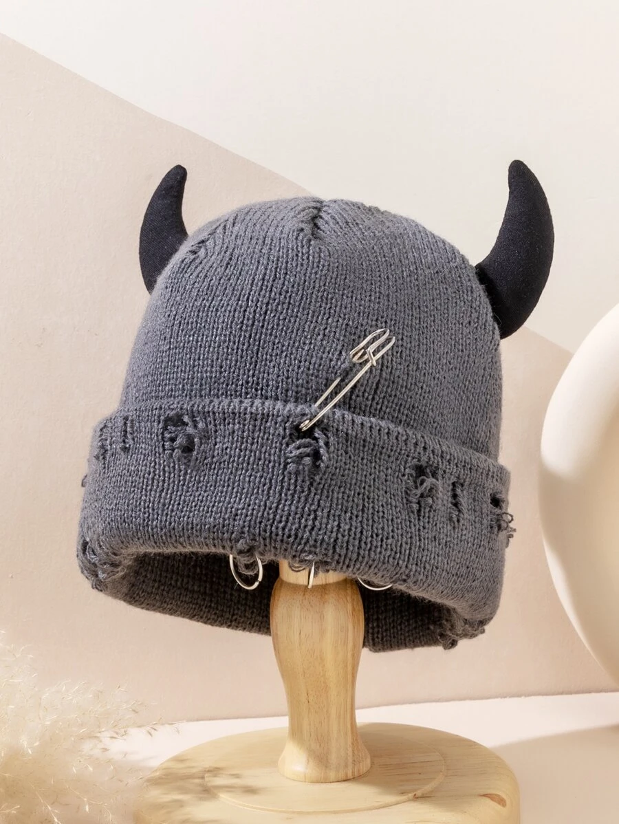New Fashion Bull Horn Decor Knitted Hat For Men With Distressed Vintage ...