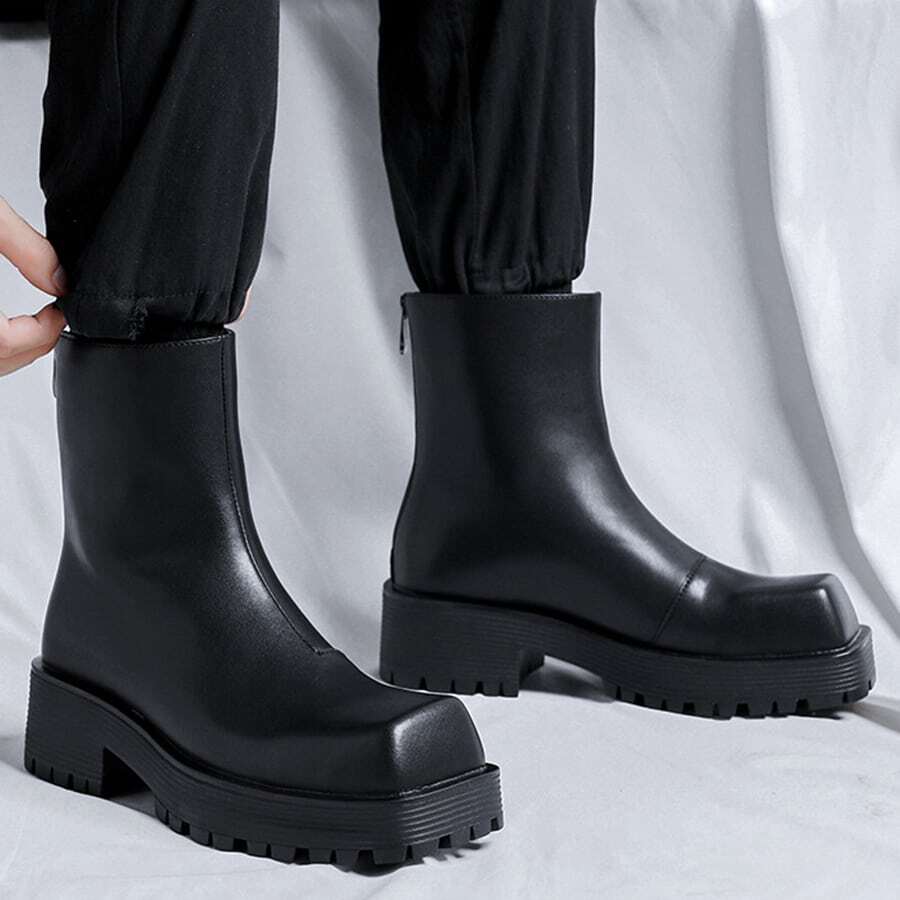 Men's Boots Platform Chunky Heel Square Toe Tube Fashion Short Boots ...