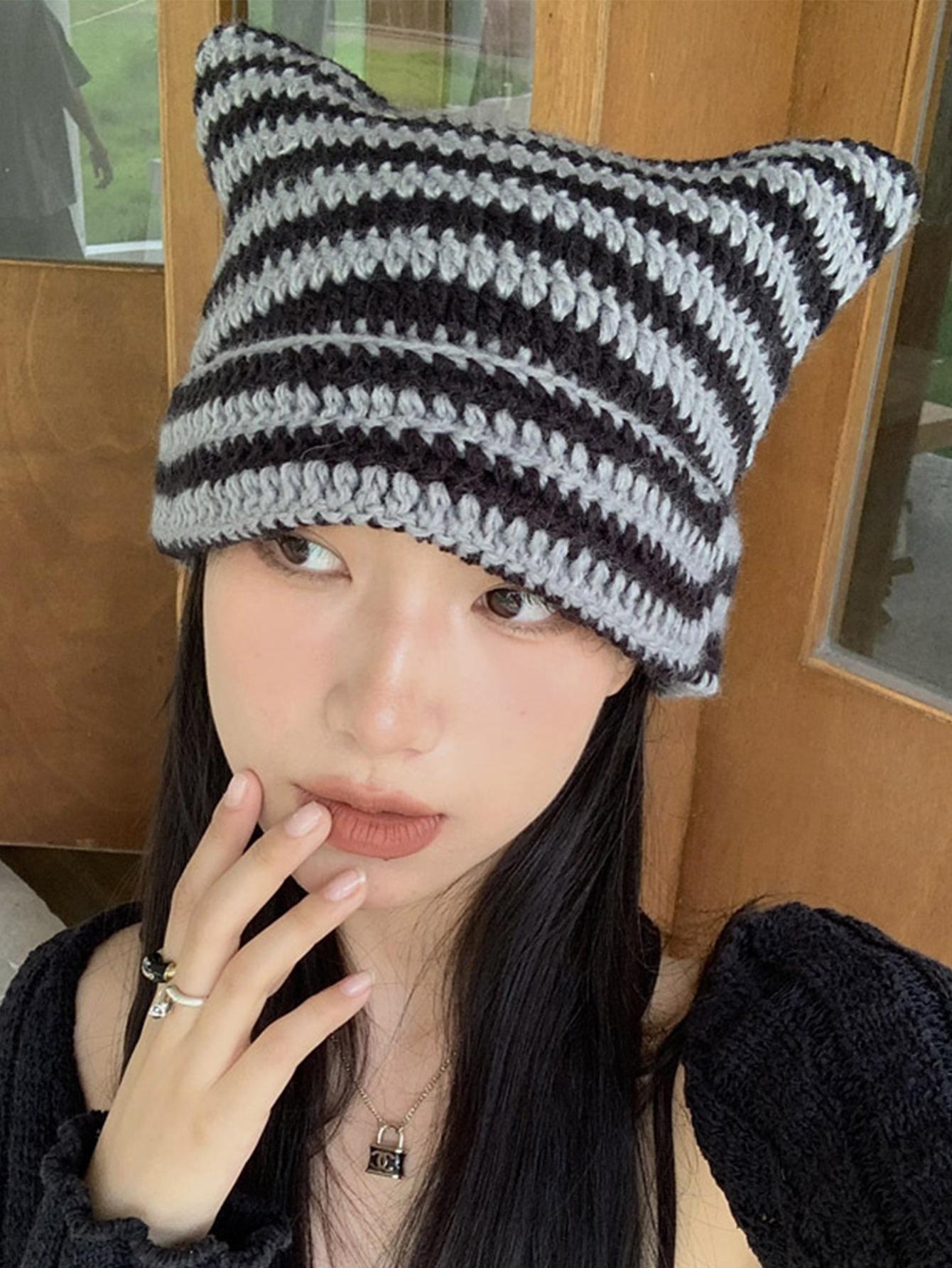 1pc Women's Handmade Crochet Striped Knit Hat, Cat Ear Design, Cute ...