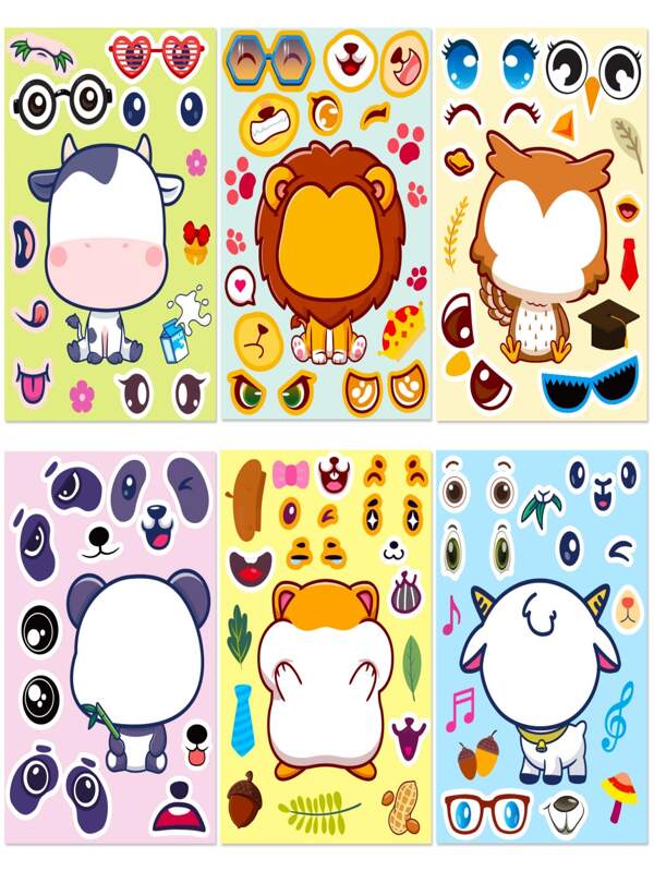 6 pcs Make a Face Stickers for Kids, 6 Different Animals Designs ...