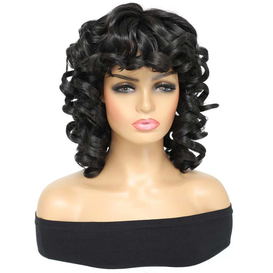 Short Curly Wigs for Soft Black Big Curly Wig with Bangs Curls Heat ...