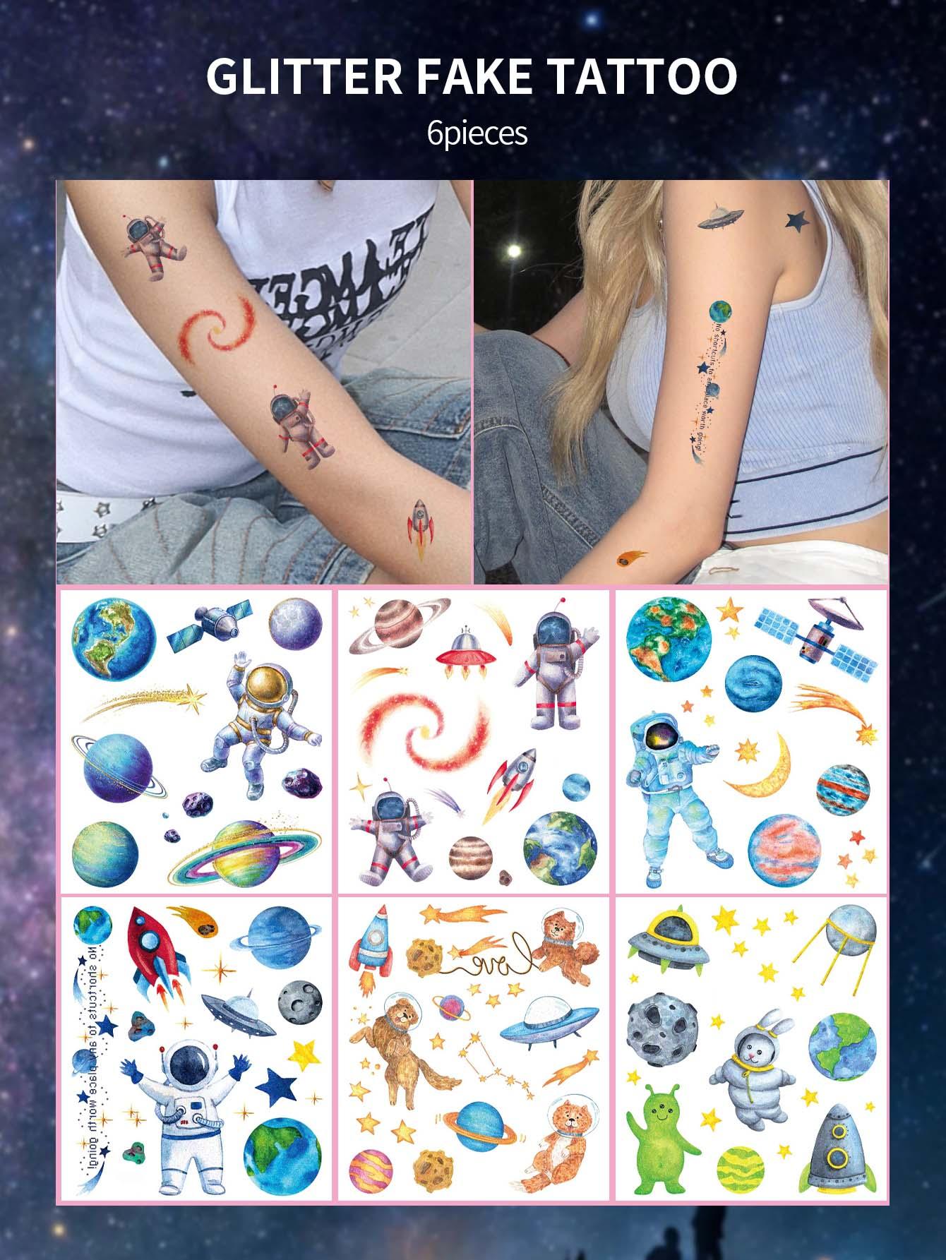6 sheets colorful Glitter fake tattoo Cartoon Spaceship Spaceman ...