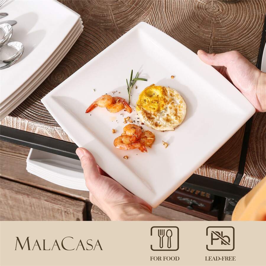 MALACASA 10'' Porcelain Dinner Plates Ser of 6, Ivory White Square ...