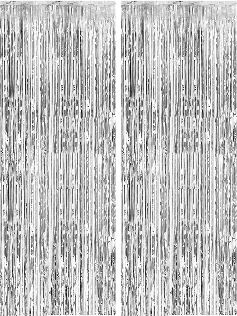 2pcs Silver Metallic Tinsel Foil Fringe Curtains Photo Booth Props For Birthday Wedding