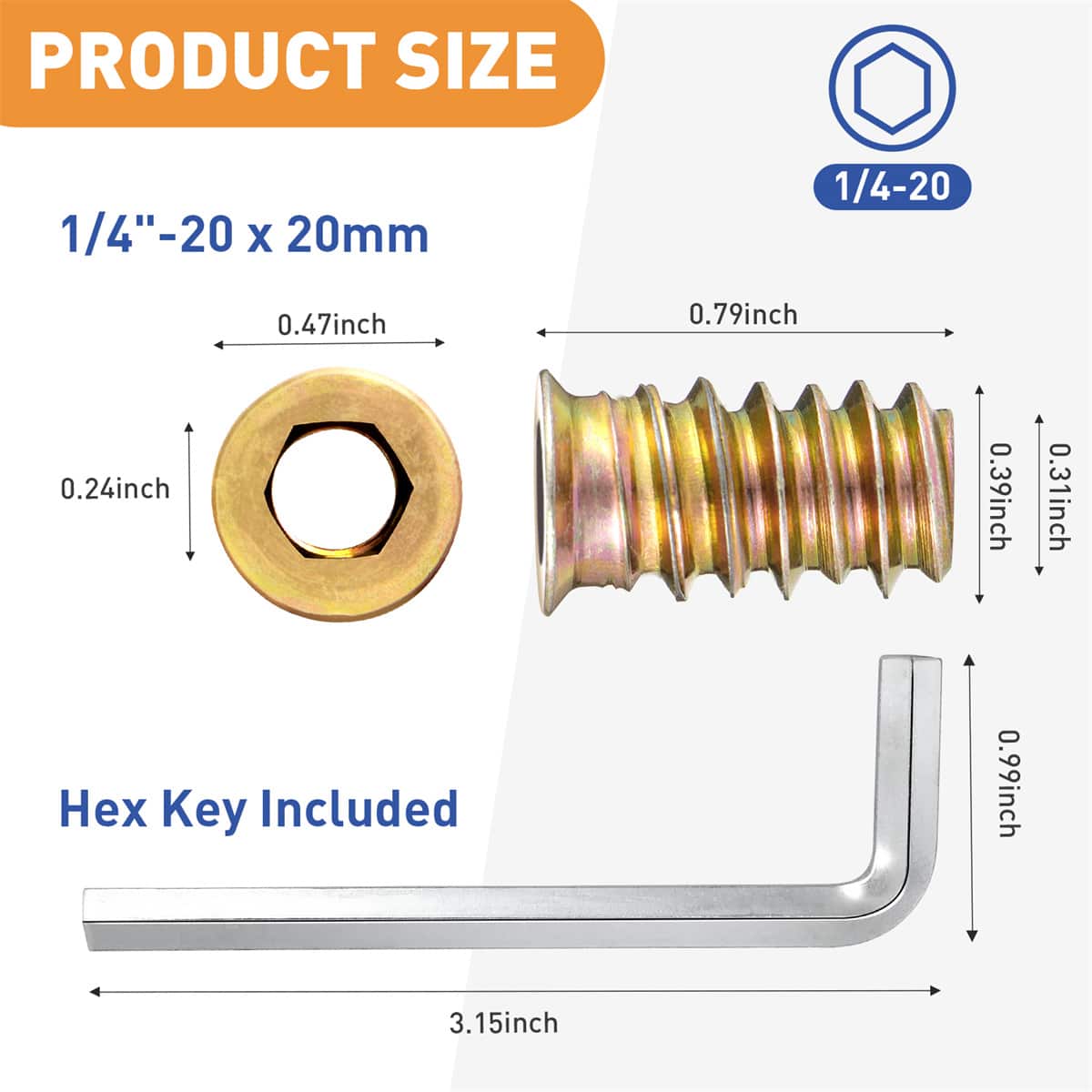 Threaded Insert 1/4"-20 x 20mm 40Pcs, Nut Threaded Wood Inserts ...