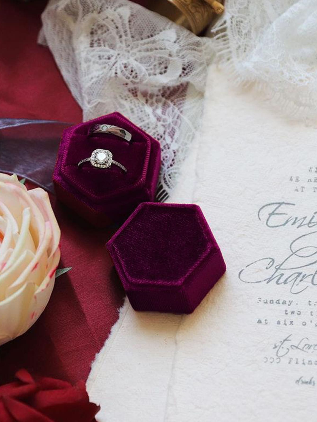 Wedding Ring Storage Box, Elegant Velvet Hexagon Double Ring Box, 1pc ...