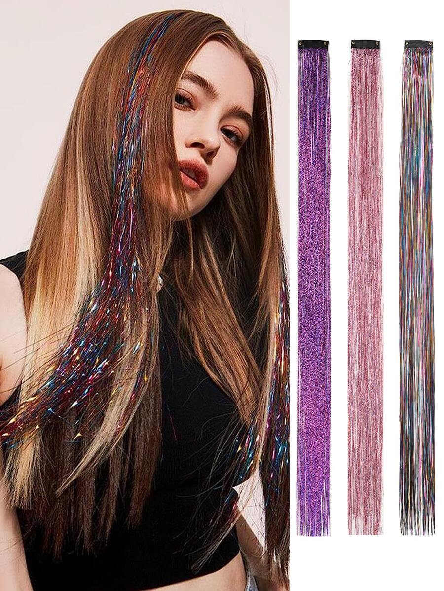 3PCS Clip in Hair Tinsel Kit, Heat Resistant Glitter Tinsel Hair ...