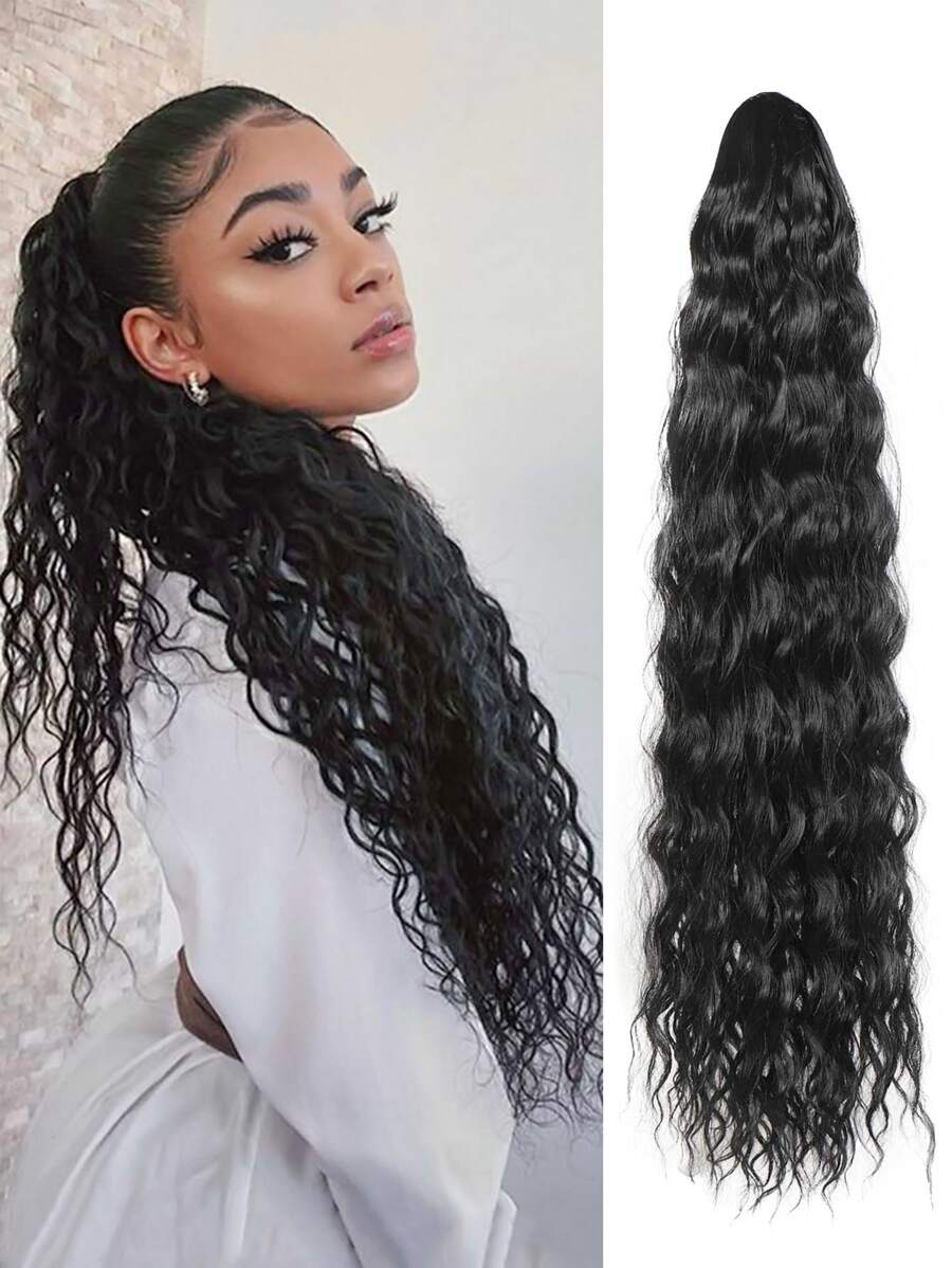 Long Curly Drawstring Ponytail for Women Black Water Wave Ponytail Hair ...