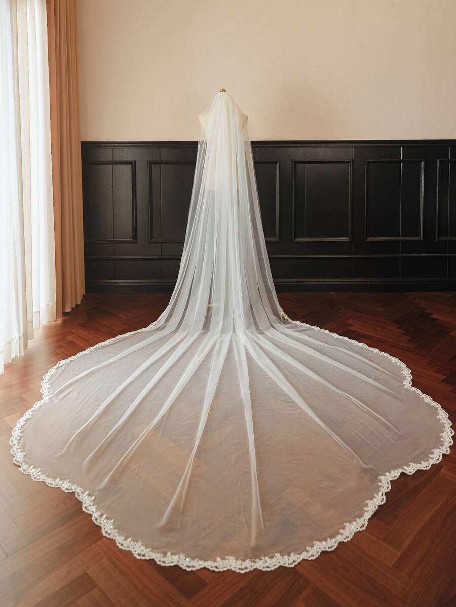 1pc Simple Ivory Colored Long Bridal Veil With Train | SHEIN USA